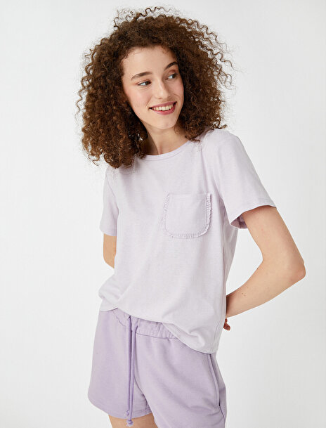 Koton Ole Genç Kız Cepli Tişört Fırfır Detaylı Bisiklet Yaka Pamuklu