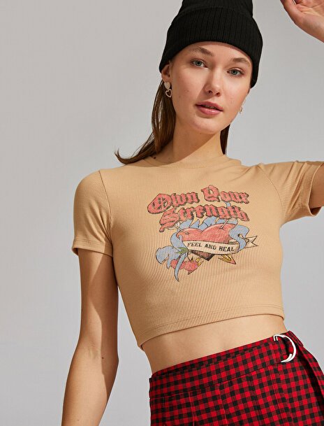 Koton Kadın Bisiklet Yaka Kısa Kollu Slim Crop Tişört