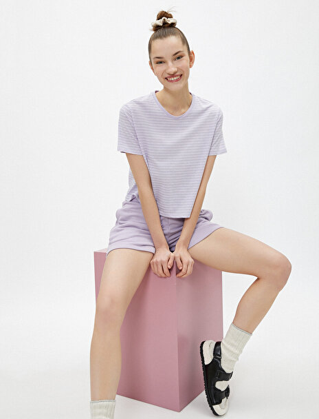 Koton Kadın Çizgili Tişört Kısa Kollu Bisiklet Yaka Pamuklu