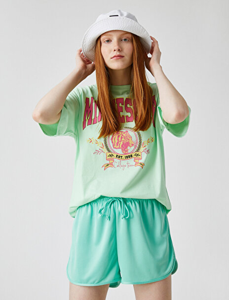 Koton Ole Genç Kız Desenli Tişört Bisiklet Yaka Pamuklu Oversize