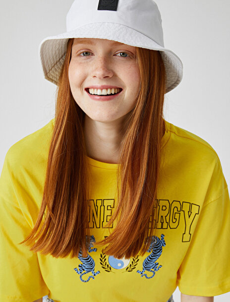 Koton Kadın Desenli Tişört Bisiklet Yaka Pamuklu Oversize