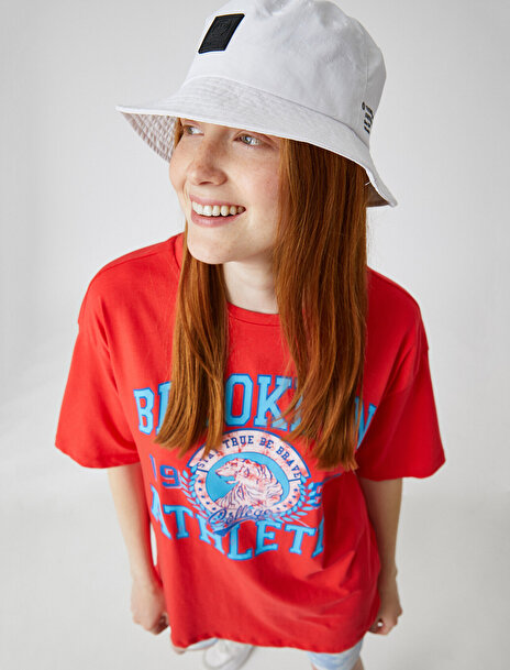 Koton Kadın Desenli Tişört Bisiklet Yaka Pamuklu Oversize