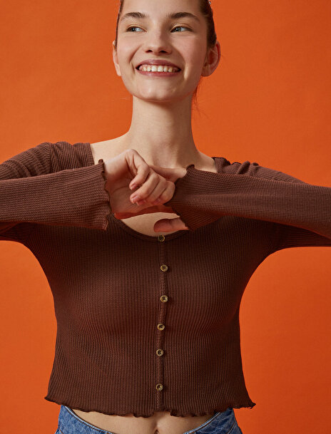 Koton Ole Genç Kız Uzun Kollu Bluz Düğmeli Waffle Pamuklu