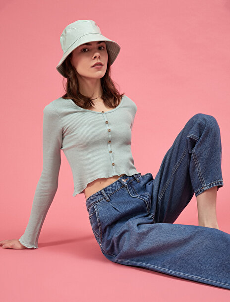 Koton Kadın Uzun Kollu Bluz Düğmeli Waffle Pamuklu