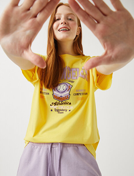 Koton Ole Genç Kız Baskılı Tişört Bisiklet Yaka Kısa Kollu Pamuklu Oversize