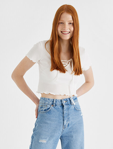 Koton Ole Genç Kız Crop Tişört Fitilli Pamuklu Koton Ole Genç Kız Crop Tişört Fitilli Pamuklu