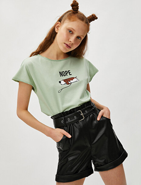 Koton Ole Genç Kız Kısa Kollu Tişört Kayık Yaka Baskılı Pamuklu