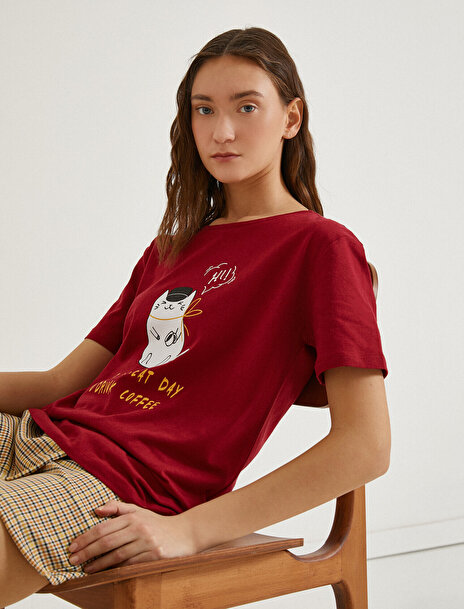 Koton Kadın Kısa Kollu Tişört Kedi Baskılı Pamuklu