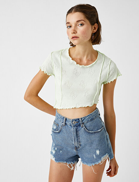 Koton Ole Genç Kız Kelebek Detaylı Tişört Crop Kısa Kollu Pamuklu