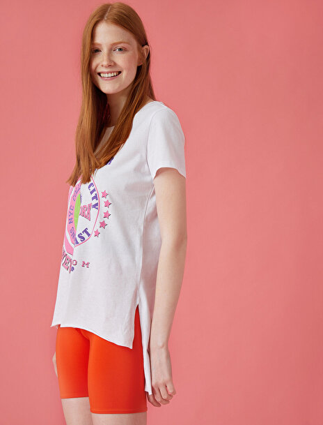 Koton Ole Genç Kız Baskılı Tişört Bisiklet Yaka Kısa Kollu Pamuklu Oversize