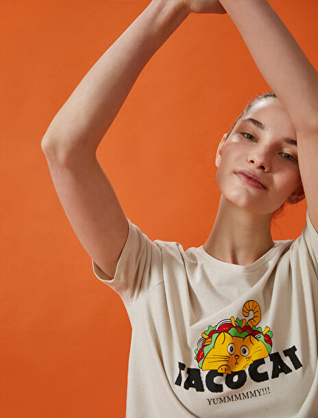 Koton Kadın Kısa Kollu Tişört Baskılı Pamuklu Bisiklet Yaka