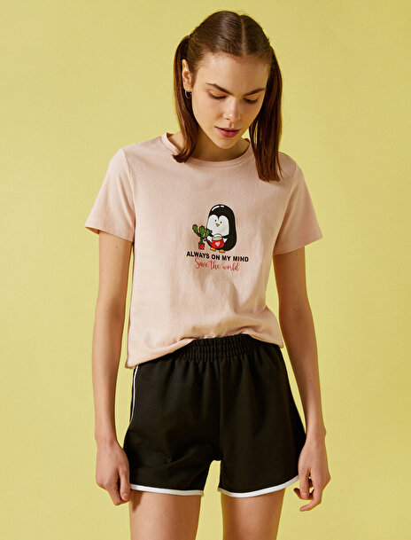 Koton Kadın Yazılı Baskılı Tişört Bisiklet Yaka Pamuklu