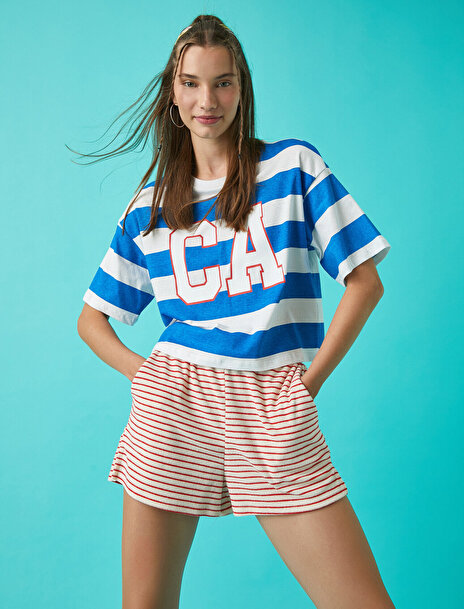 Koton Ole Genç Kız Çizgili Crop Tişört Baskılı Pamuklu