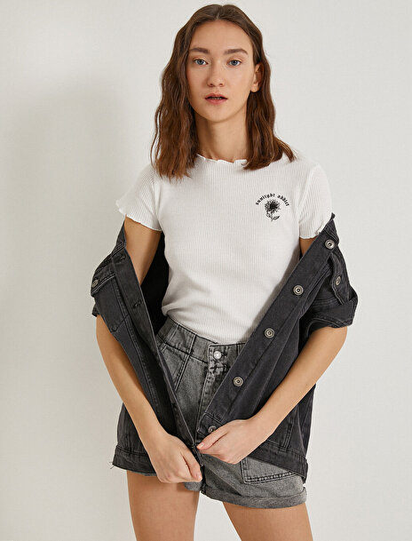 Koton Ole Genç Kız Baskılı Tişört Kısa Kollu Pamuklu Waffle