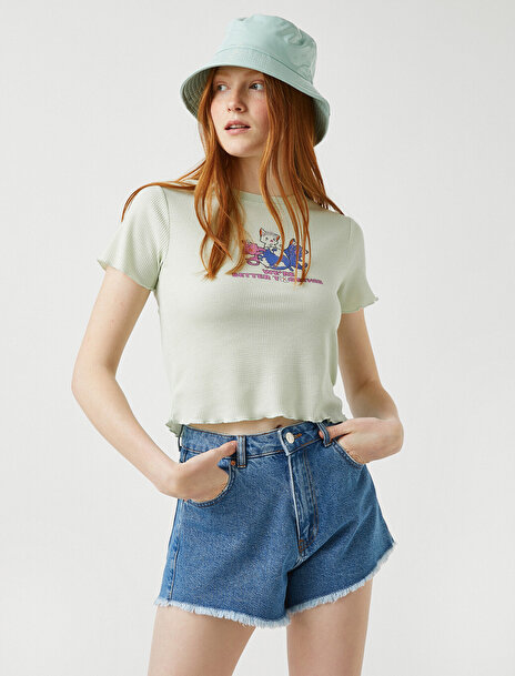 Koton Ole Genç Kız Baskılı Tişört Bisiklet Yaka Kısa Kollu