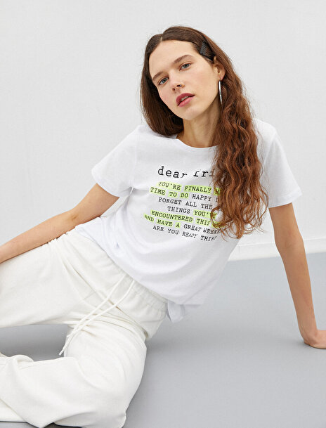 Koton Kadın Slogan Tişört Yazılı Baskılı Bisiklet Yaka Pamuklu