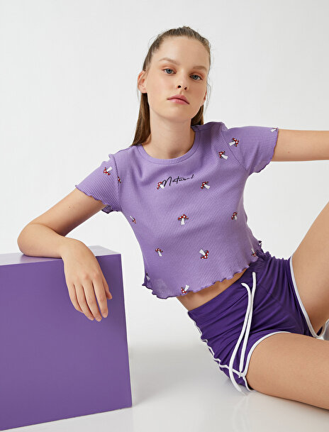 Koton Ole Genç Kız Mantar Baskılı Kısa Kollu Tişört Pamuklu Crop