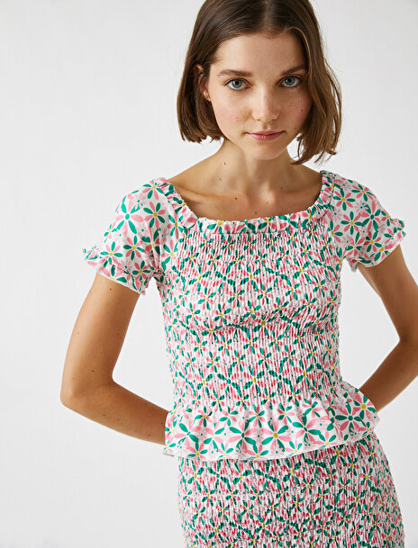 Koton Ole Genç Kız Çiçekli Tişört Fırfırlı