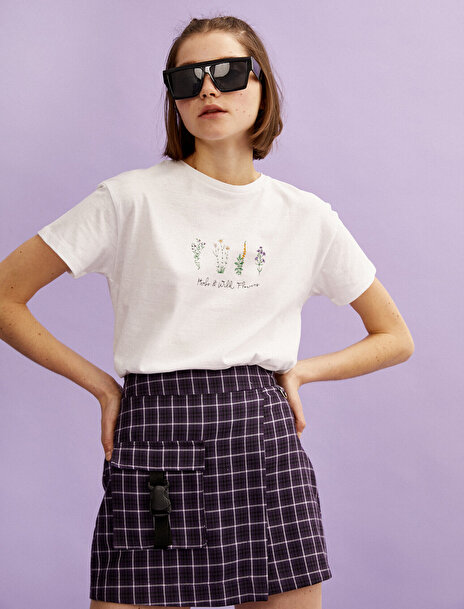 Koton Ole Genç Kız Çiçek Baskılı Tişört Pamuklu Bisiklet Yaka