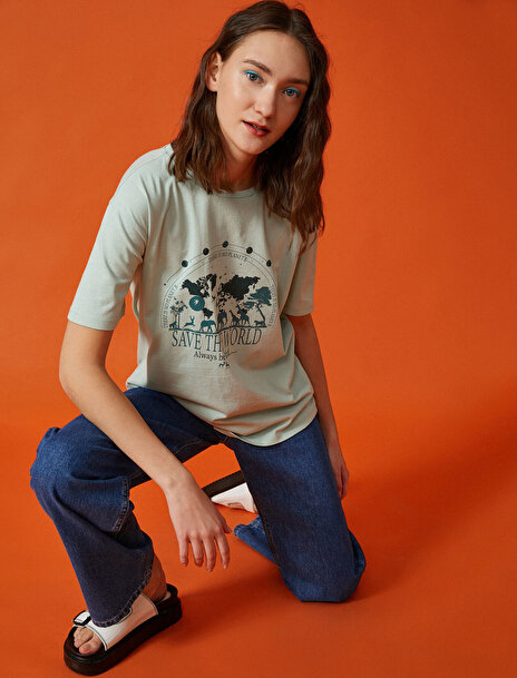 Koton Ole Genç Kız Pamuklu Kısa Kollu Baskılı Tişört Oversize