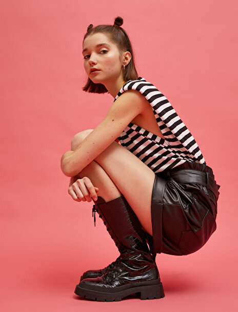 Koton Ole Genç Kız Vatkalı Tişört Kolsuz Bisiklet Yaka Çizgili