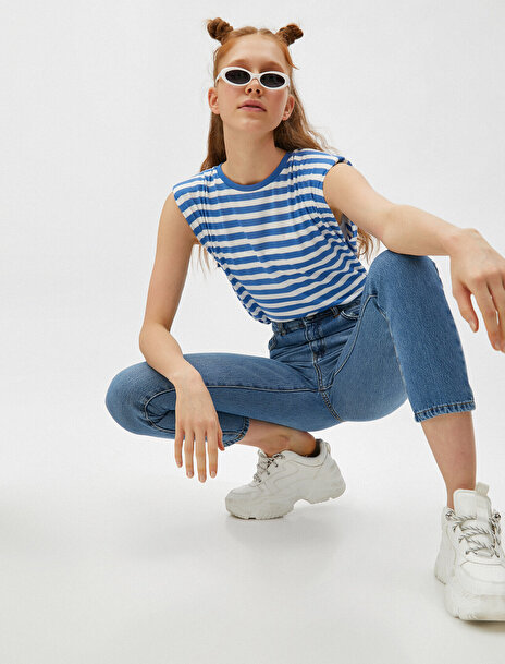 Koton Ole Genç Kız Vatkalı Tişört Kolsuz Bisiklet Yaka Çizgili