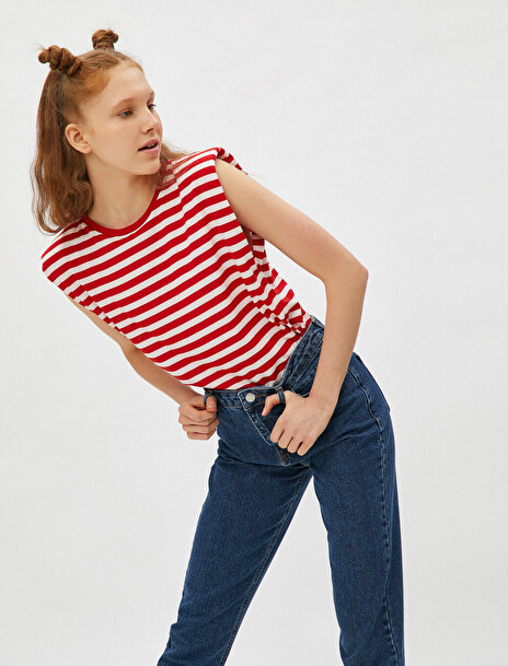 Koton Ole Genç Kız Vatkalı Tişört Kolsuz Bisiklet Yaka Çizgili