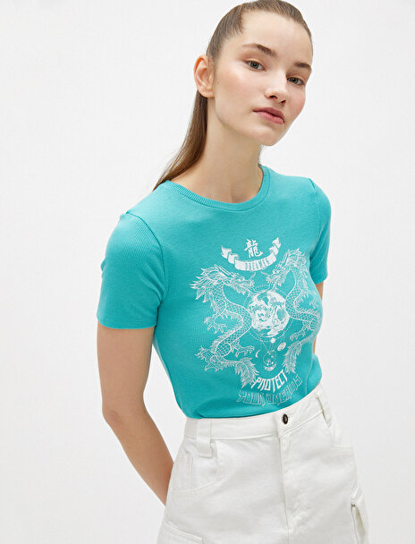 Koton Kadın Baskılı Tişört Bisiklet Yaka Fitilli Koton Kadın Baskılı Tişört Bisiklet Yaka Fitilli