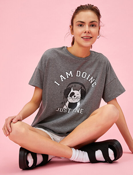 Koton Kadın Yazılı Baskılı Tişört Bisiklet Yaka