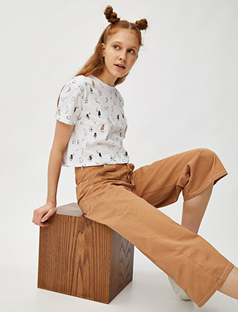 Koton Ole Genç Kız Kısa Kollu Tişört Kedi Baskılı Pamuklu Crop Koton Ole Genç Kız Kısa Kollu Tişört Kedi Baskılı Pamuklu Crop