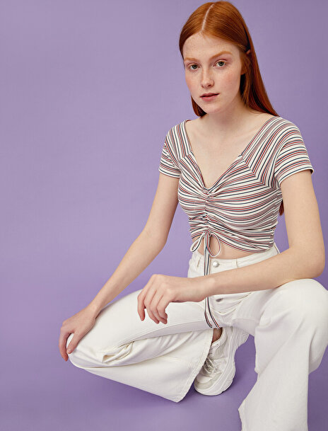 Koton Kadın Crop Tişört Büzgülü Çizgili