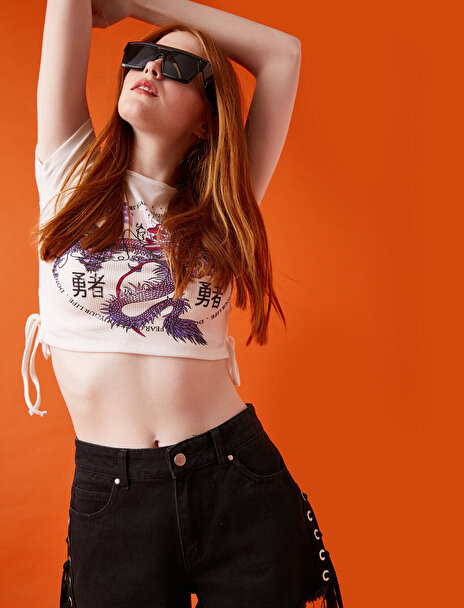 Koton Ole Genç Kız Desenli Tişört Bisiklet Yaka  Fitilli