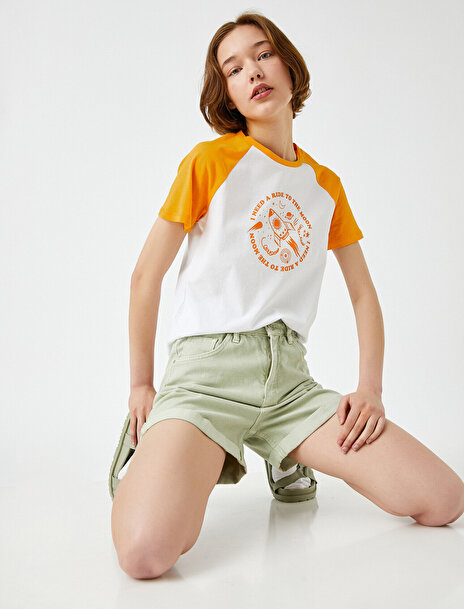 Koton Ole Genç Kız Renk Bloklu Tişört Baskılı Pamuklu