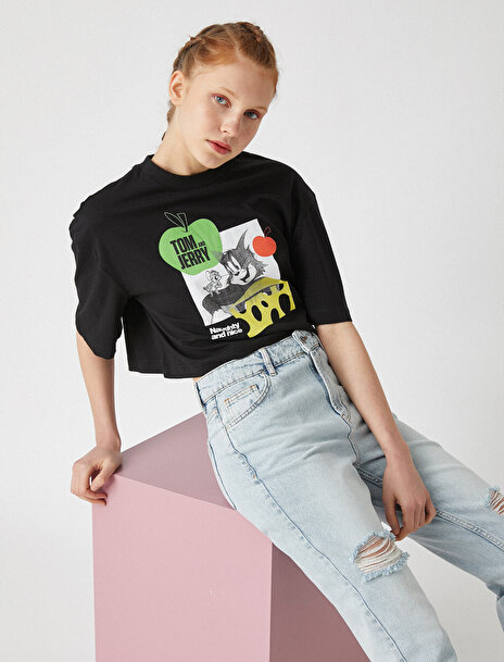 Koton Kadın Tom ve Jerry Tişört Lisanslı Crop Baskılı Pamuklu