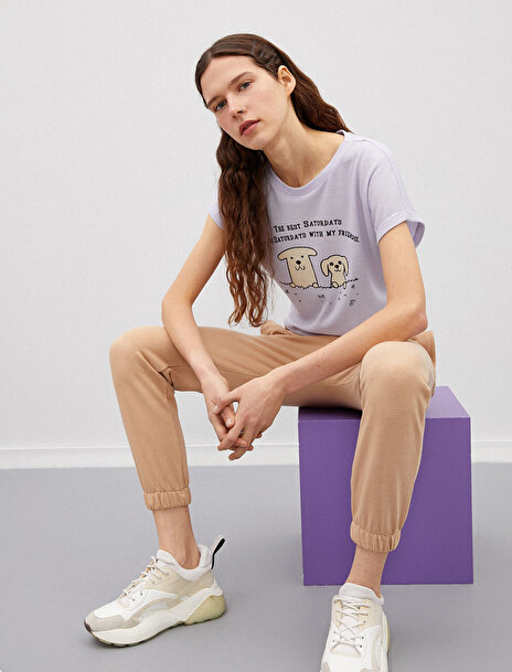 Koton Ole Genç Kız Crop Tişört Baskılı Waffle