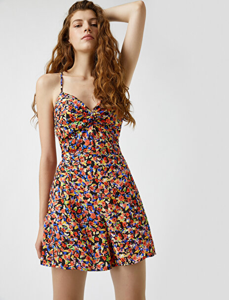 Koton Ole Genç Kız Çiçek Desenli Elbise Askılı Önü Büzgülü Sırtı Bağlama Detaylı Dekolteli