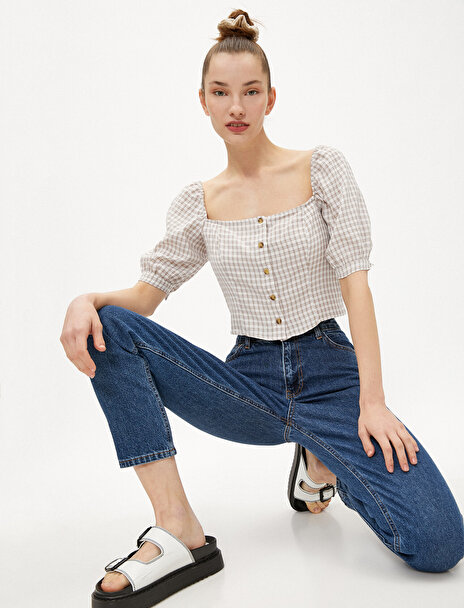 Koton Ole Genç Kız Balon Kollu Bluz Kareli Düğmeli Kare Yaka