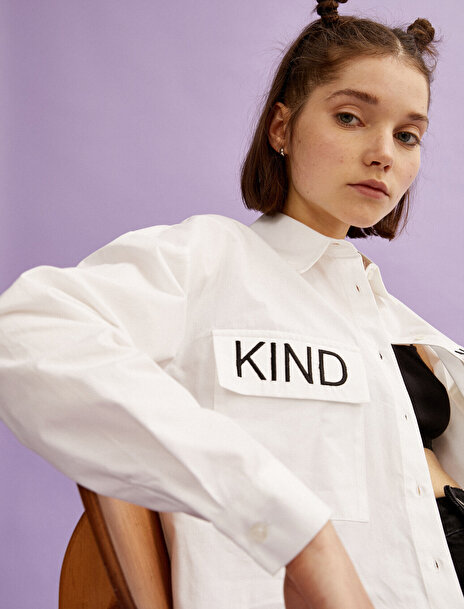 Koton Kadın Yazı İşlemeli Gömlek Cepli Pamuklu