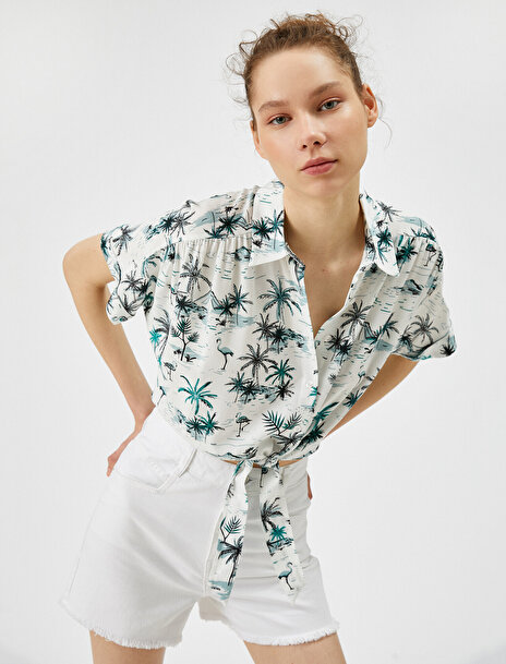 Koton Ole Genç Kız Belden Bağlamalı Gömlek Desenli Kısa Kollu Koton Ole Genç Kız Belden Bağlamalı Gömlek Desenli Kısa Kollu