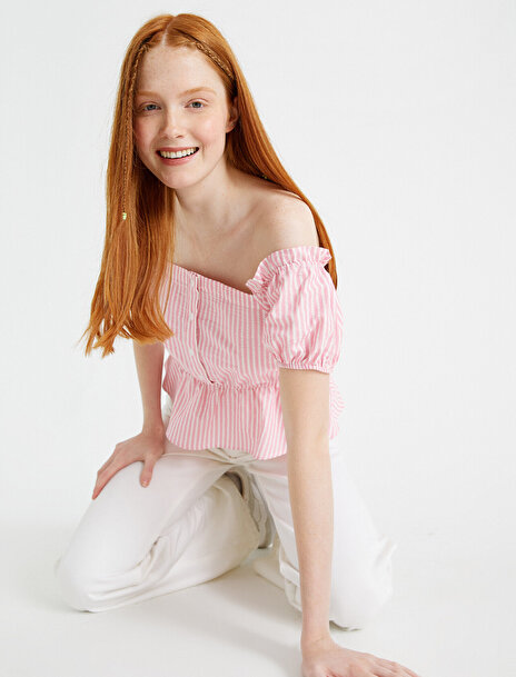 Koton Ole Genç Kız Çizgili Bluz Balon Kollu Pamuklu