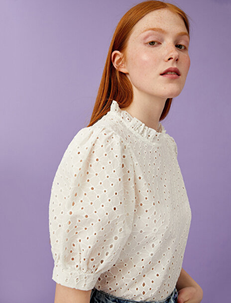 Koton Kadın Dantel Bluz Dik Yaka Fırfırlı Pamuklu