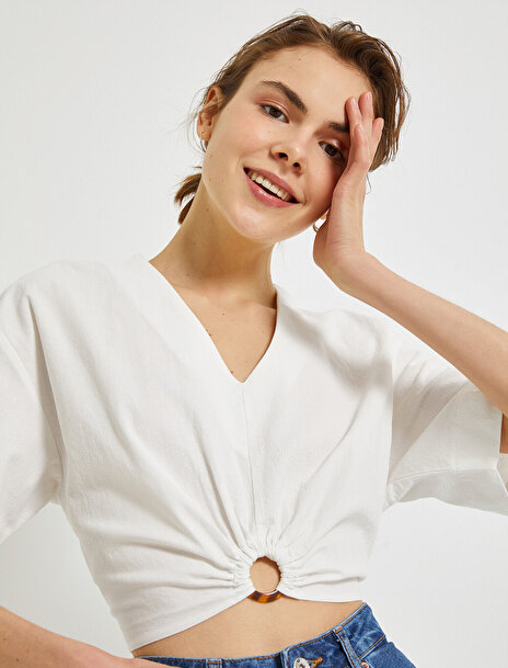 Koton Ole Genç Kız Crop Bluz Toka Detaylı V Yaka