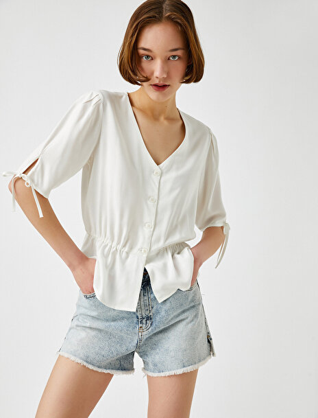 Koton Ole Genç Kız V Yaka Bluz Kısa Kollu Düğmeli