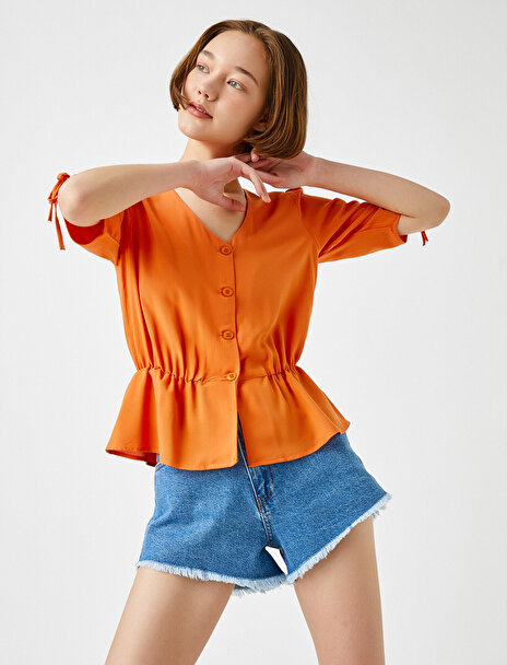 Koton Ole Genç Kız V Yaka Bluz Kısa Kollu Düğmeli