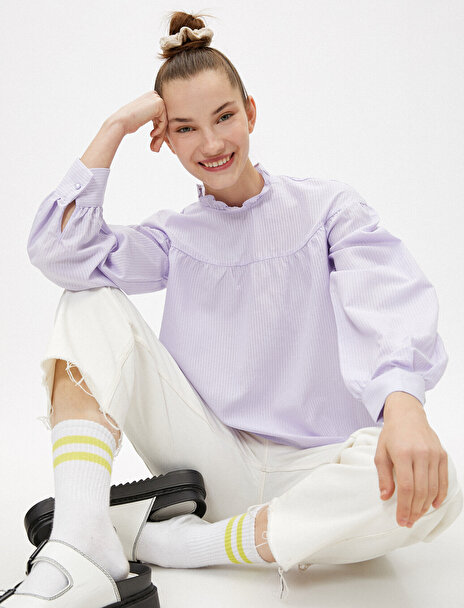 Koton Kadın Balon Kollu Bluz Uzun Kollu Fırfırlı Çizgili Pamuklu