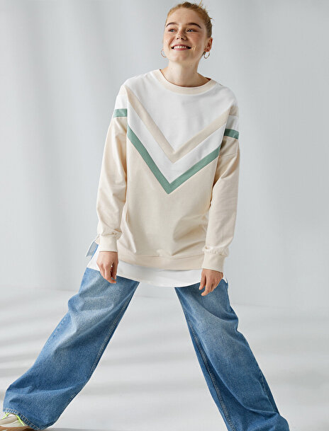 Koton Kadın Renk Bloklu Sweatshirt Uzun Pamuklu