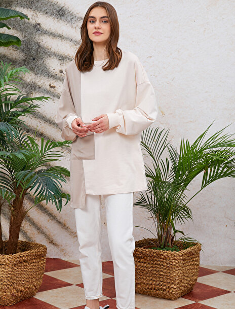 Koton Ole Genç Kız Renk Bloklu Sweatshirt Asimetrik Cep Detaylı Uzun