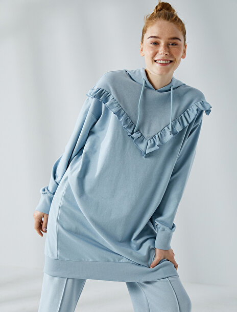 Koton Ole Genç Kız Kapüşonlu Sweatshirt Fırfırlı Uzun Pamuklu