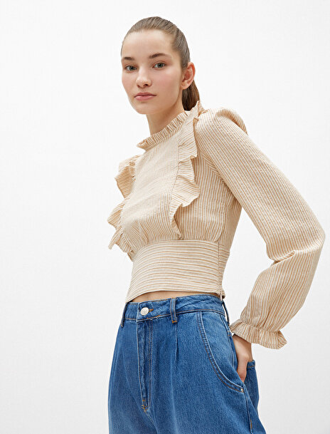 Koton Kadın Fırfırlı Bluz Dik Yaka Çizgili Pamuklu