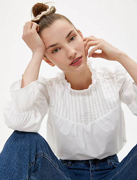 Koton Kadın Fırfırlı Bluz Uzun Kollu Pamuklu